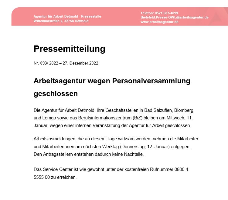 Arbeitsagentur wegen Personalversammlung geschlossen