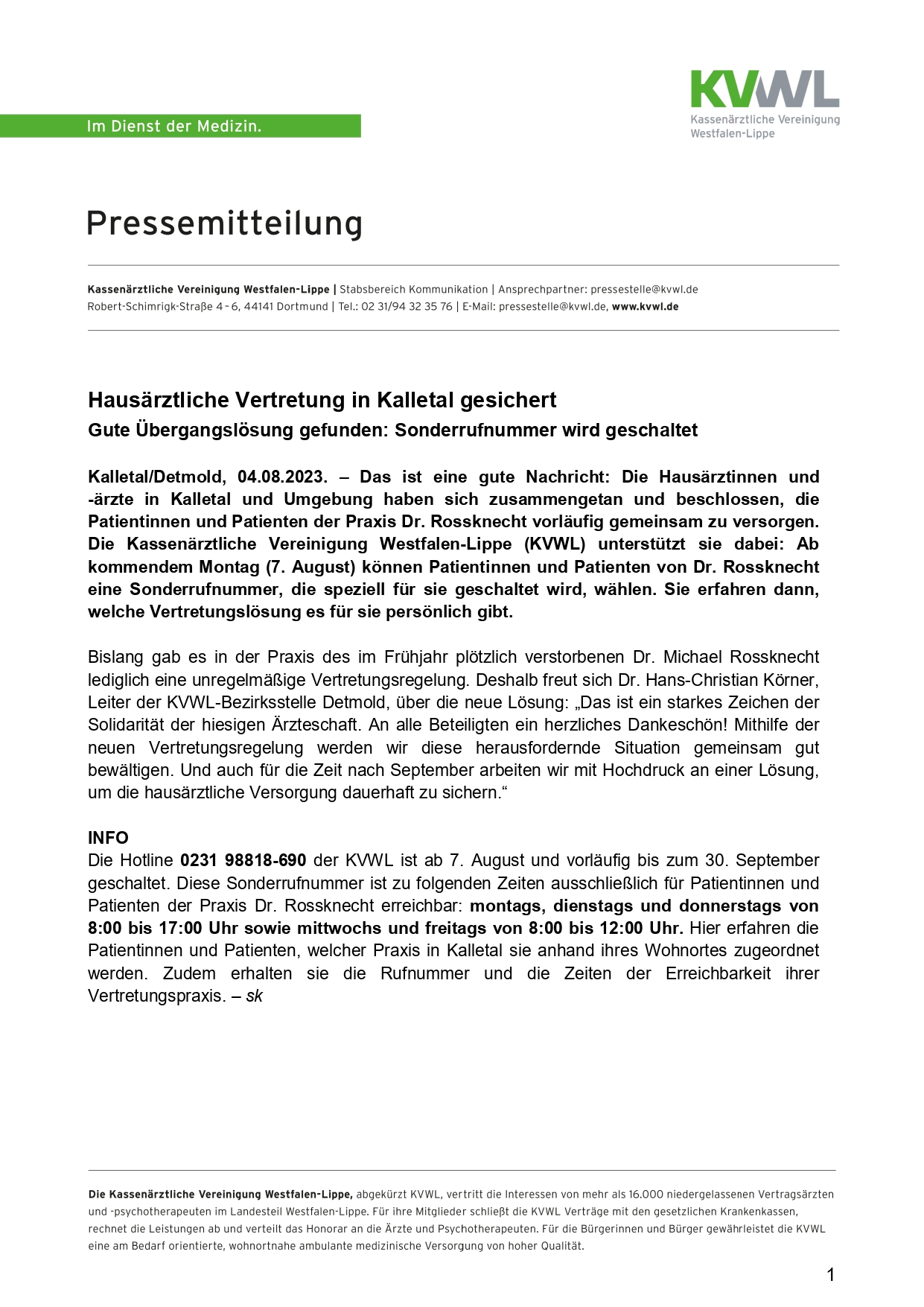 Hausärztliche Vertretung in Kalletal gesichert